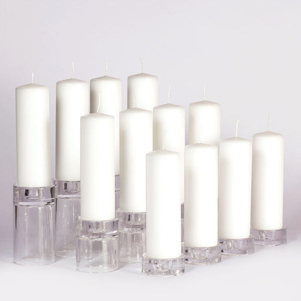 12 Slim Pillar Candles and 12 Glass Pillar Holders – Yummicandles