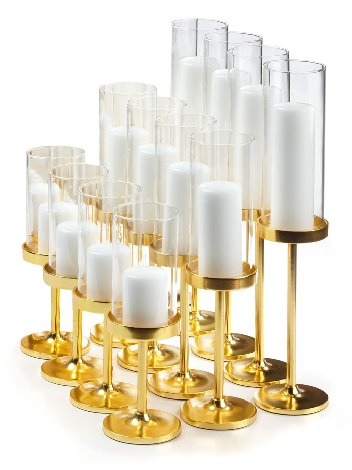 12 Slim Pillar Candles, 12 Cylinder Vases and 12 Gold Vevo Pedestals