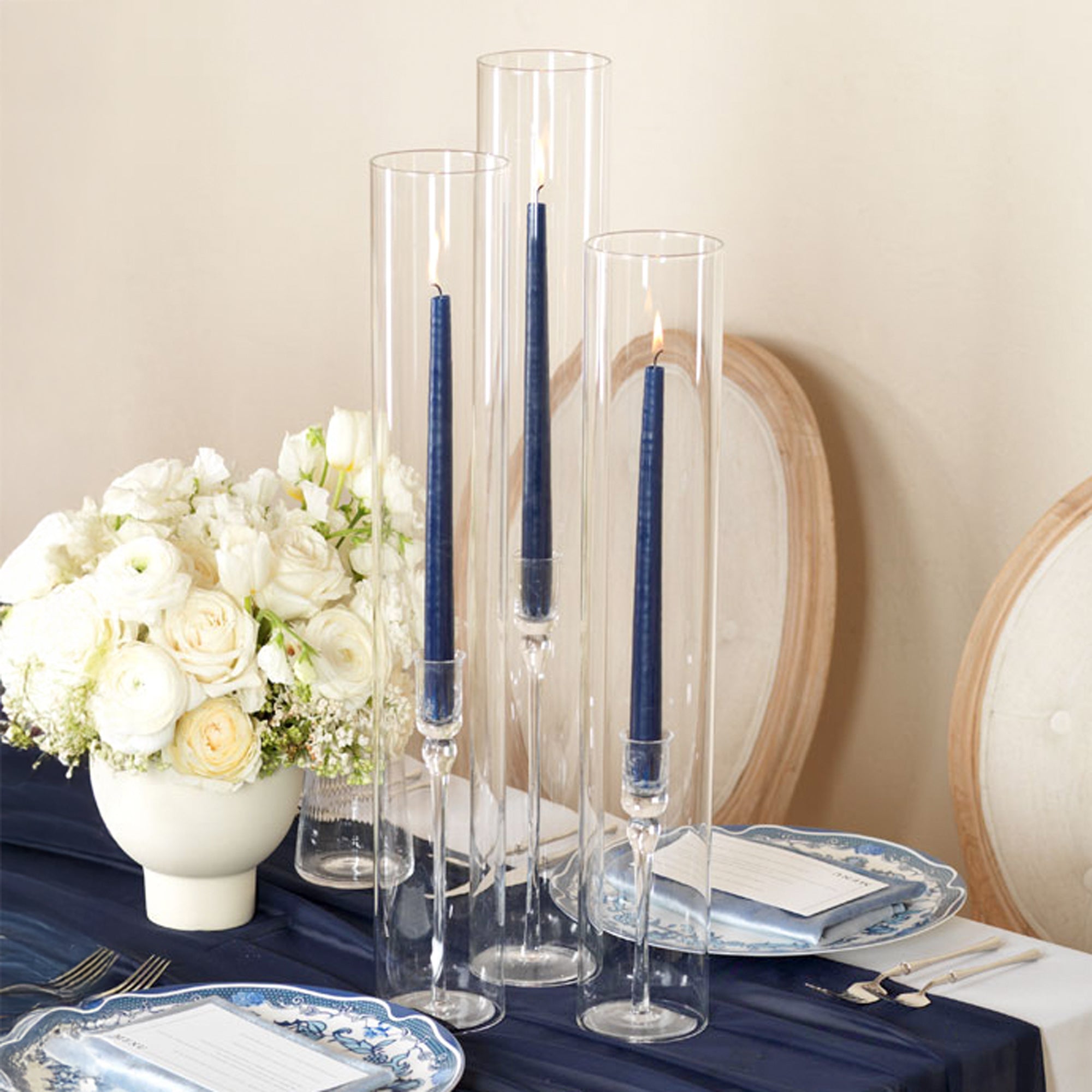 12 Taper Candles, 12 Glass Chimneys and 12 Aura Taper Holders