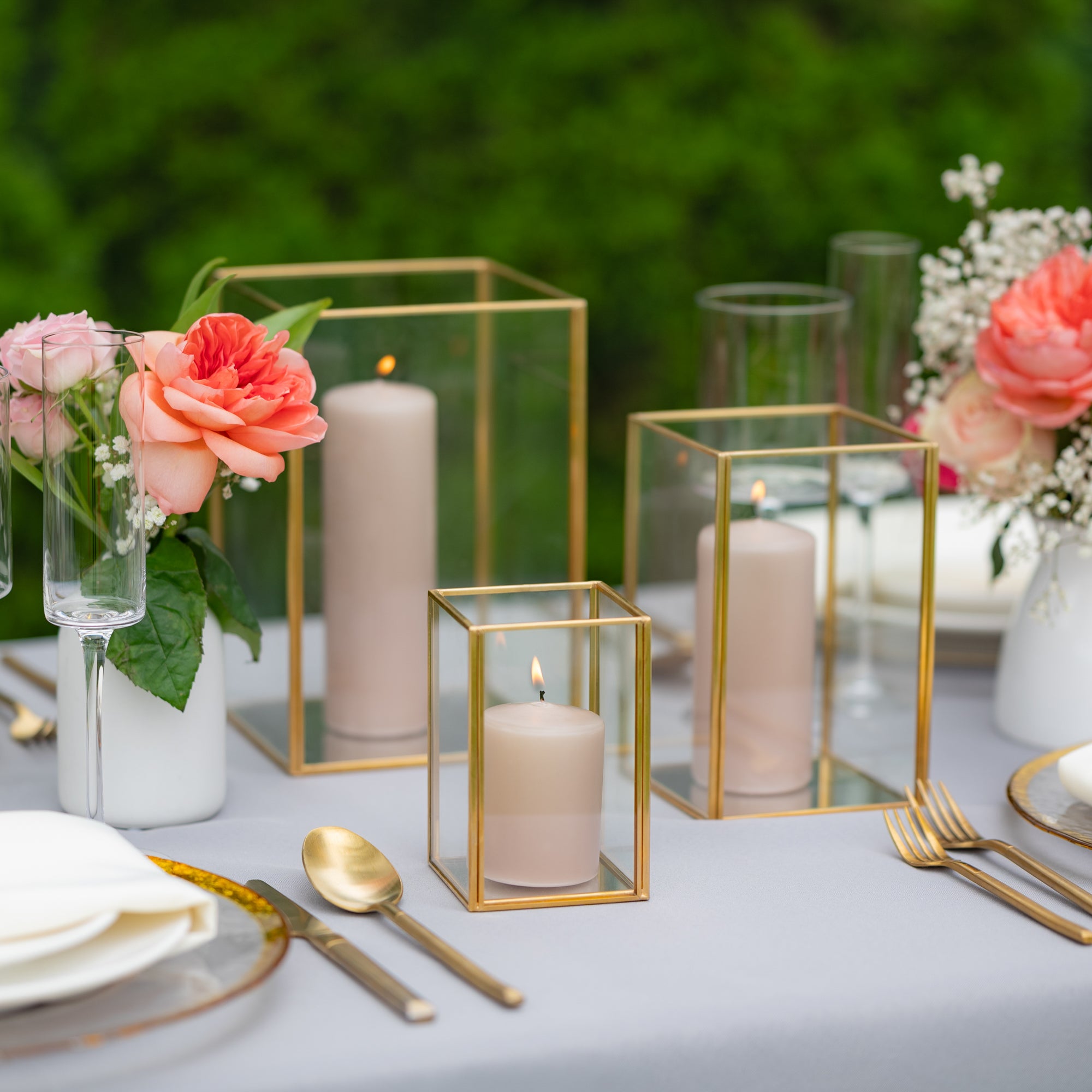 Slim Pillar Candles and Gold Luxus Lanterns - Set of 36