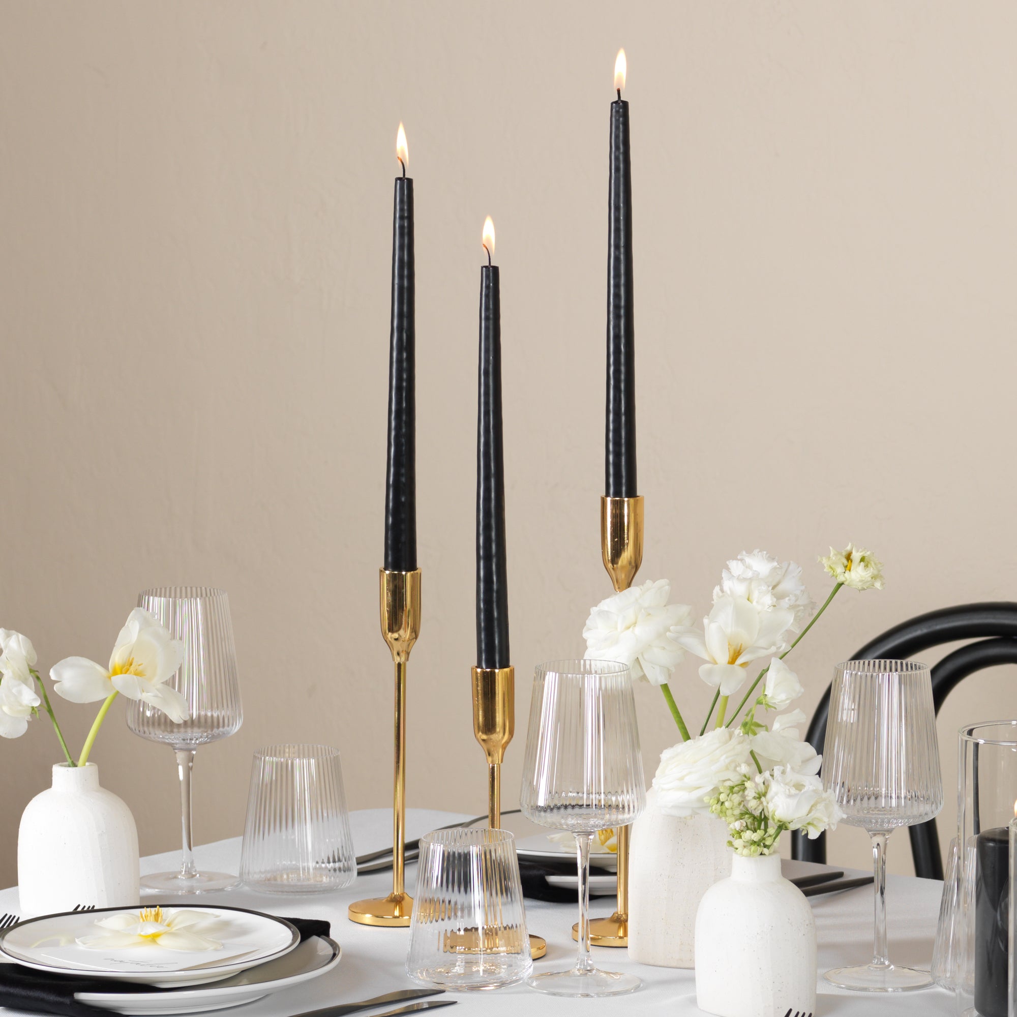 36 Taper Candles and 36 Gold Virtu Candlesticks