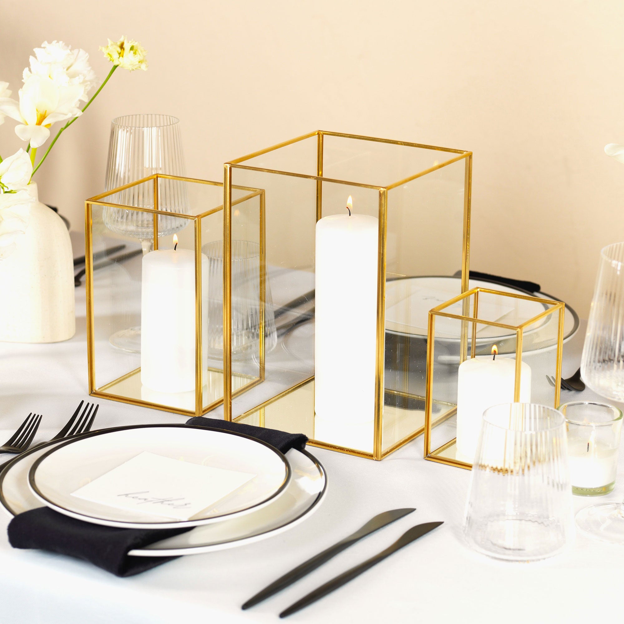 Slim Pillar Candles and Gold Luxus Lanterns - Set of 36