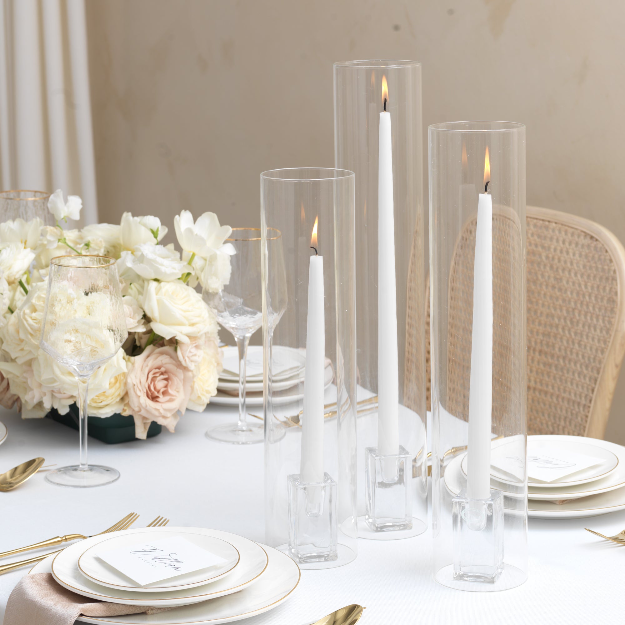 36 Taper Candles, 36 Glass Chimneys and 36 Square Block Holders