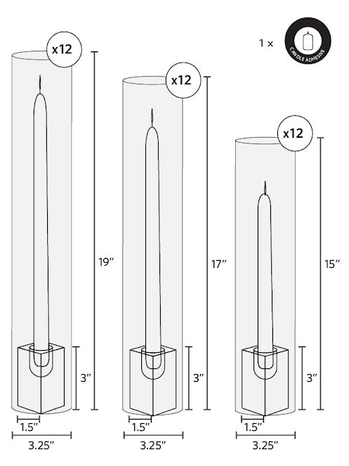 36 Taper Candles, 36 Glass Chimneys and 36 Square Block Holders